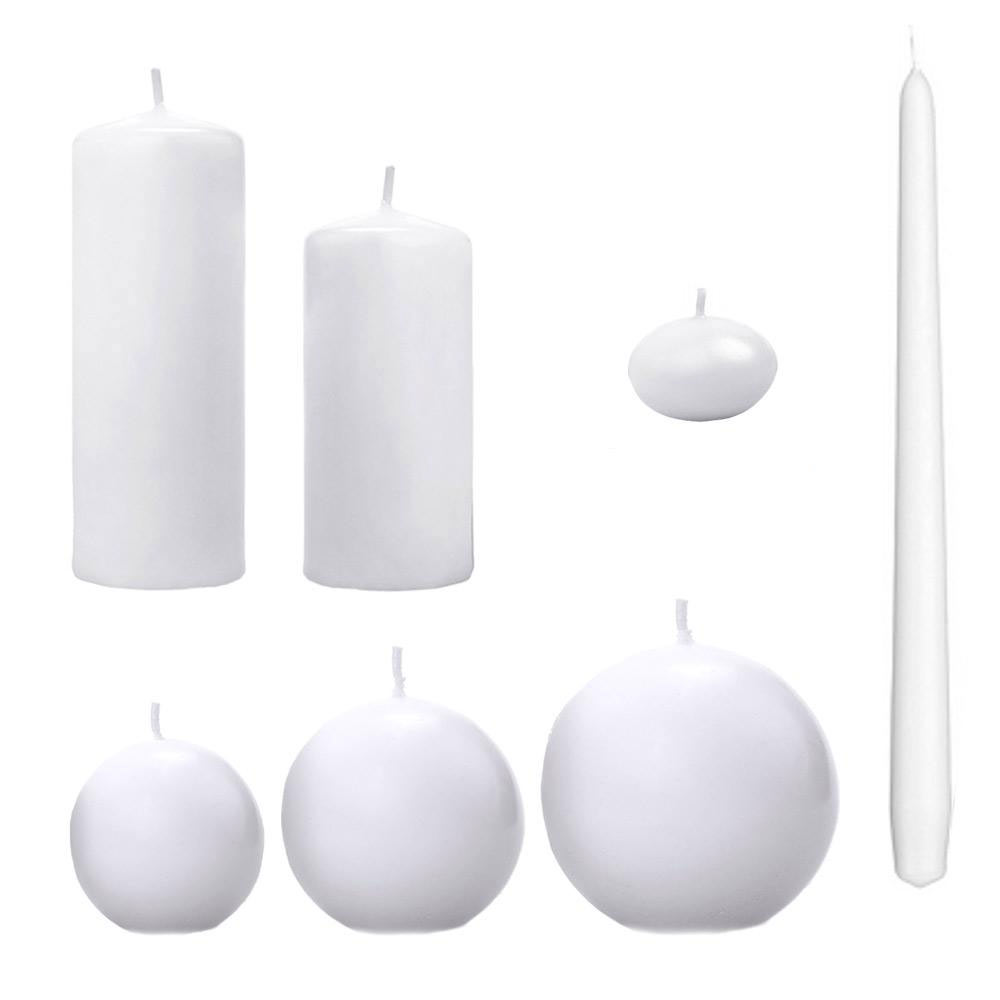 candele bianche in cera forma sfera, tonda, cilindro e